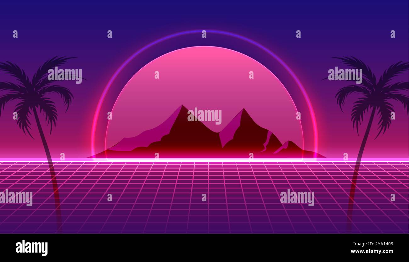 retro inspired perspective landscape background with laser LED light ...