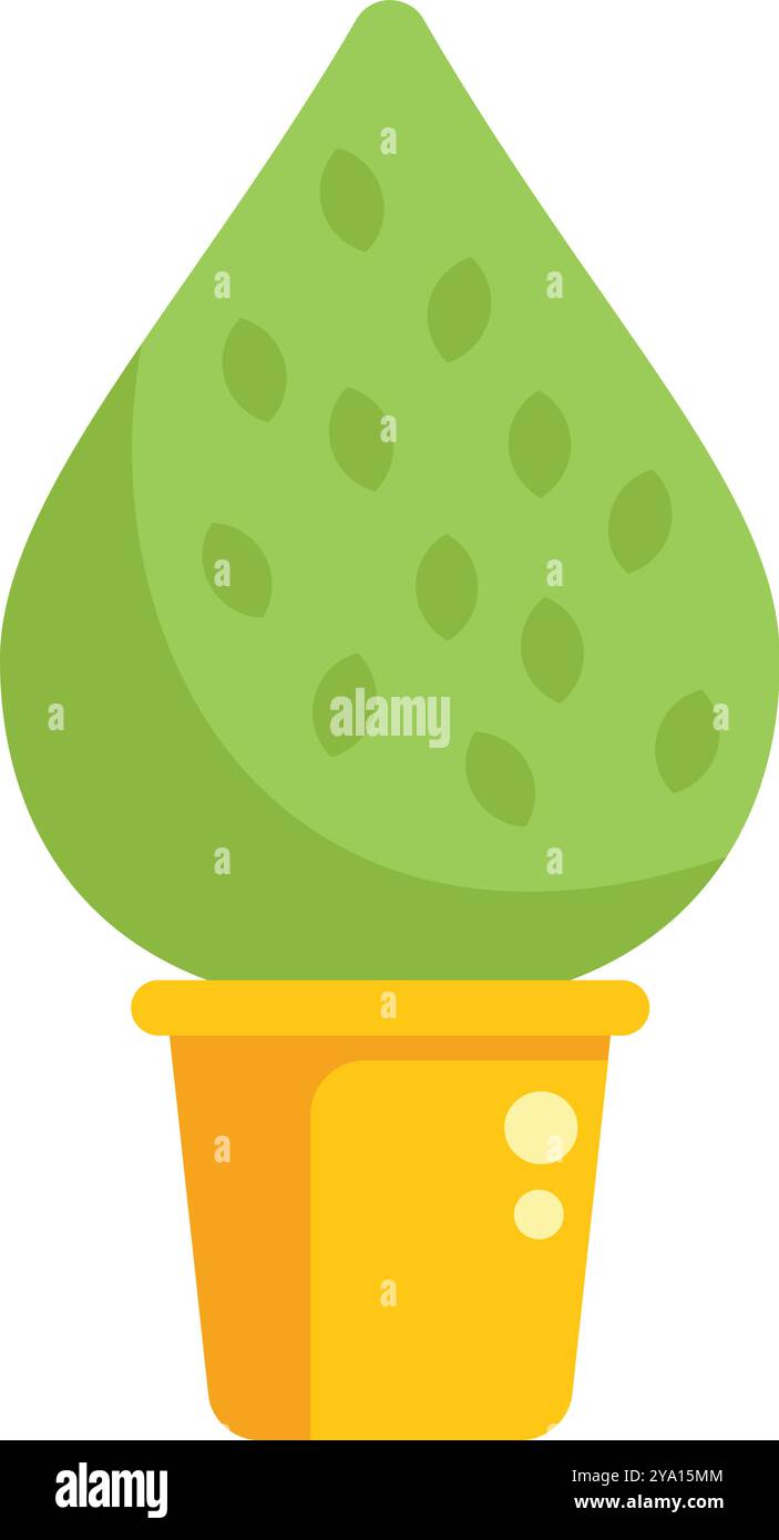 Topiary tree is trimmed into a teardrop shape and growing in a yellow ...