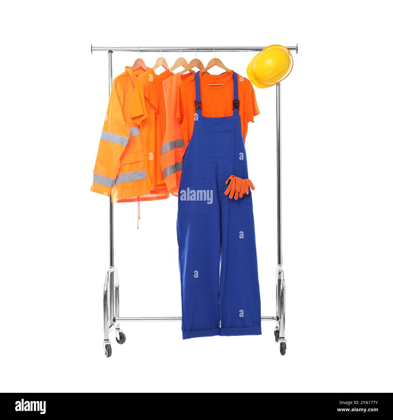 Workers' uniforms on clothing rack isolated on white Stock Photo - Alamy