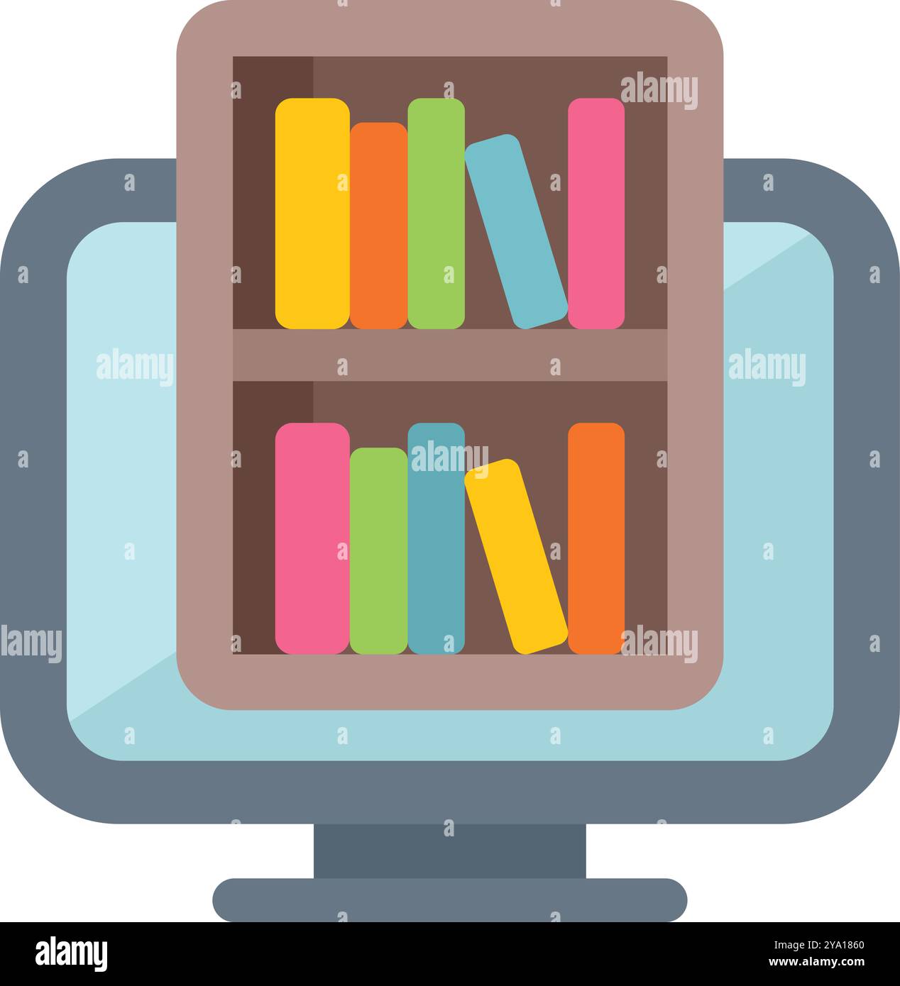 Bookshelf full of colorful books is displayed on computer monitor ...