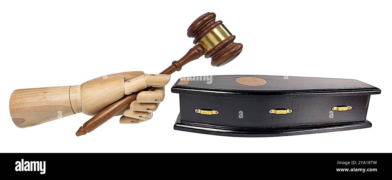 Wooden Hand and Gavel with Side View of a Black Wooden Coffin to show ...