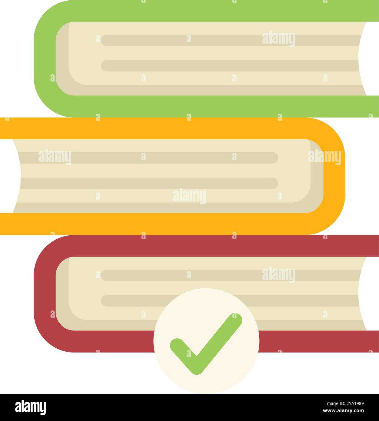 Stack of colorful books is showing a check mark, symbolizing a ...