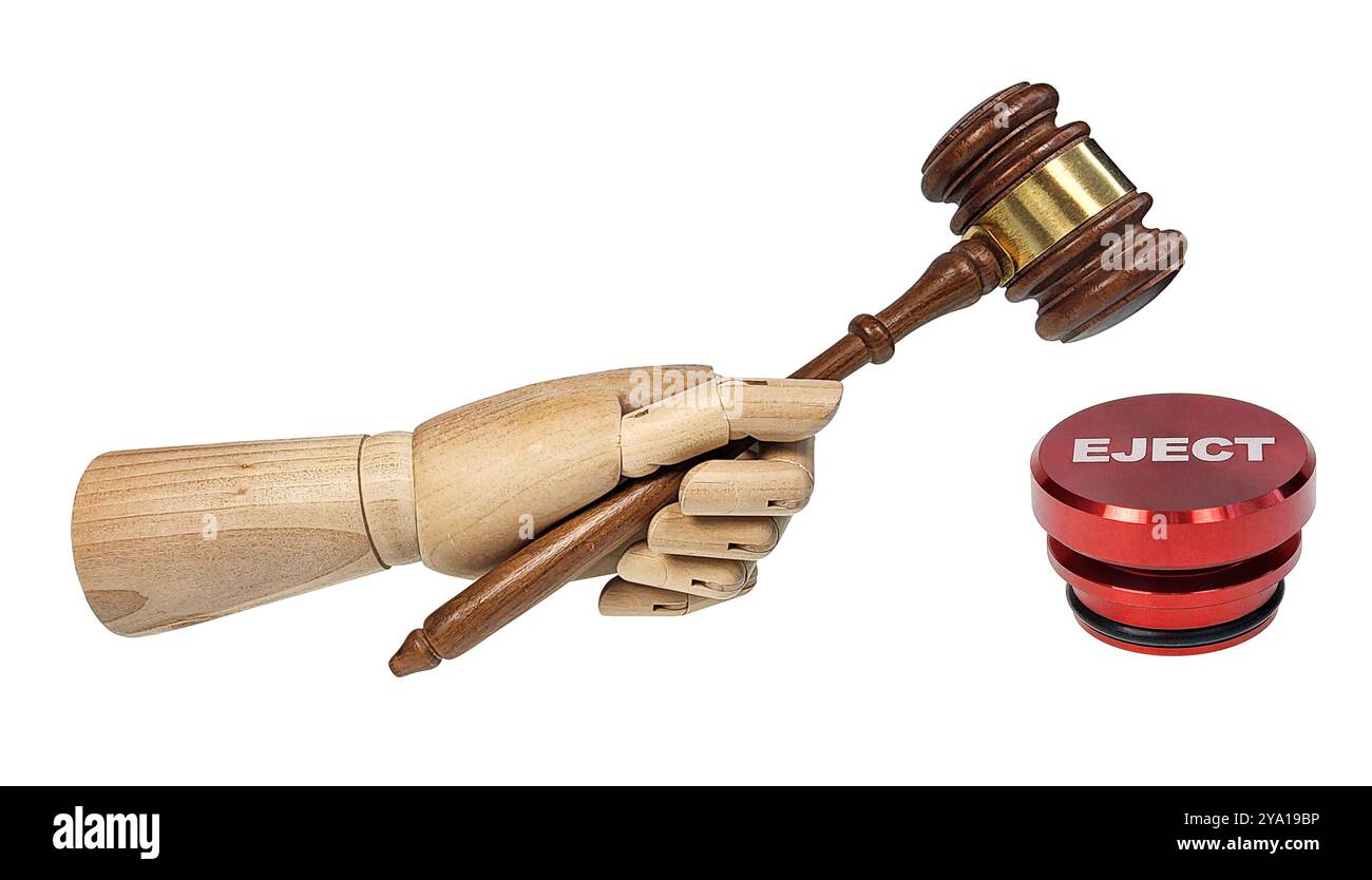 Wooden hand holding a Gavel used in court by the judge over an eject ...