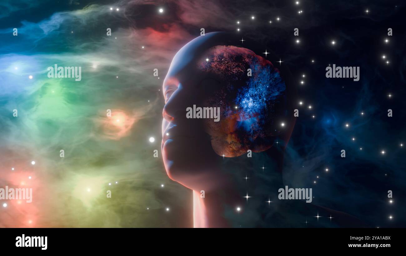 Changes to an astronauts brain in space, conceptual illustration. The human body has evolved to ...