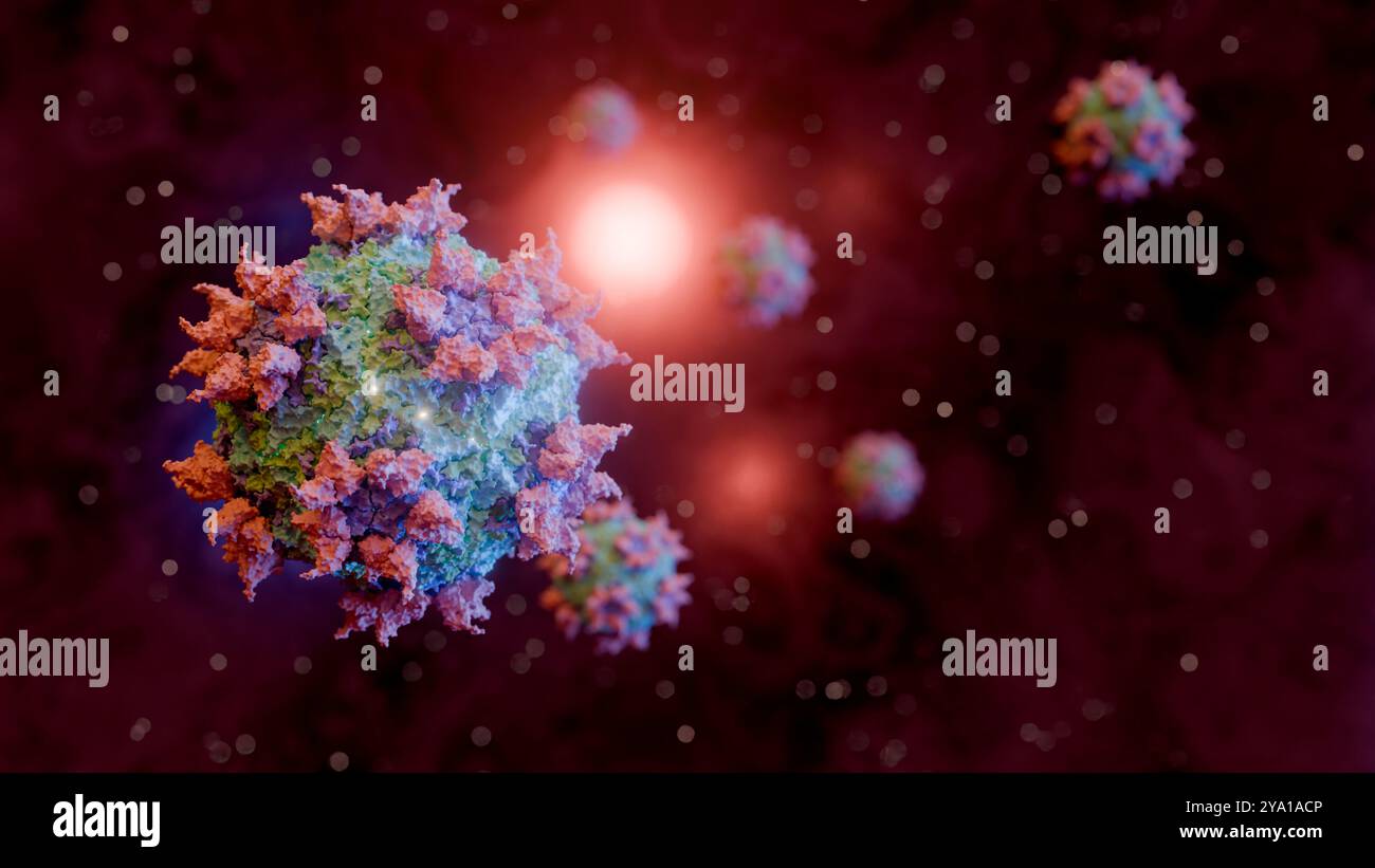 Rhinovirus, illustration. Rhinoviruses (RVs) are the most common cause of the common cold. They ...
