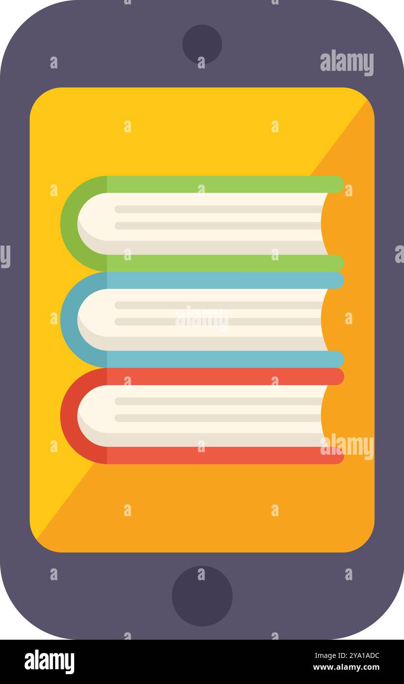 Smartphone displaying a stack of colorful books, representing the concept of online libraries ...