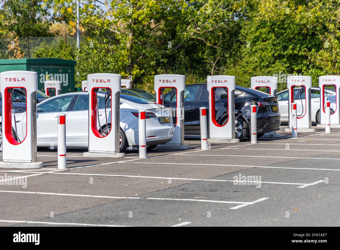 London, UK- September 19, 2024: Row of Tesla cars charging at a ...