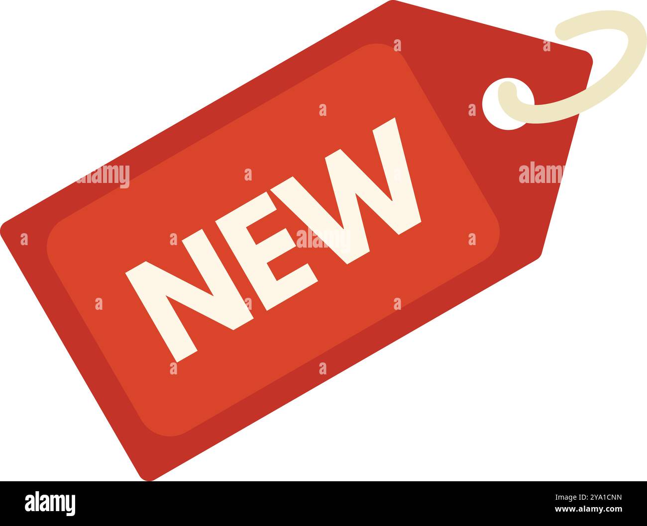 Red price tag with a string is displaying the word new in white capital ...