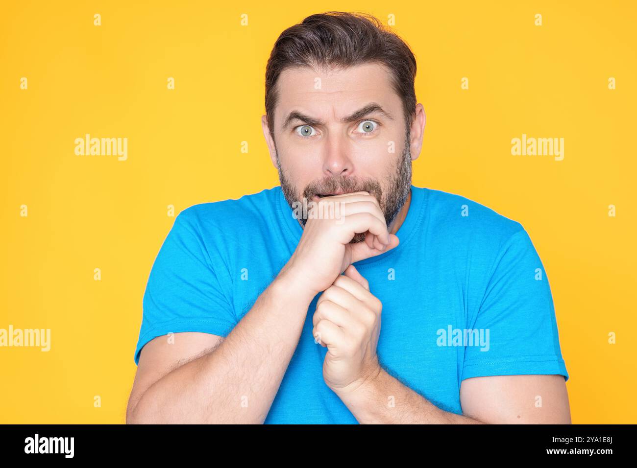 Portrait of shocked amazed excited scared man. Handsome middle age senior man worried, nervous ...