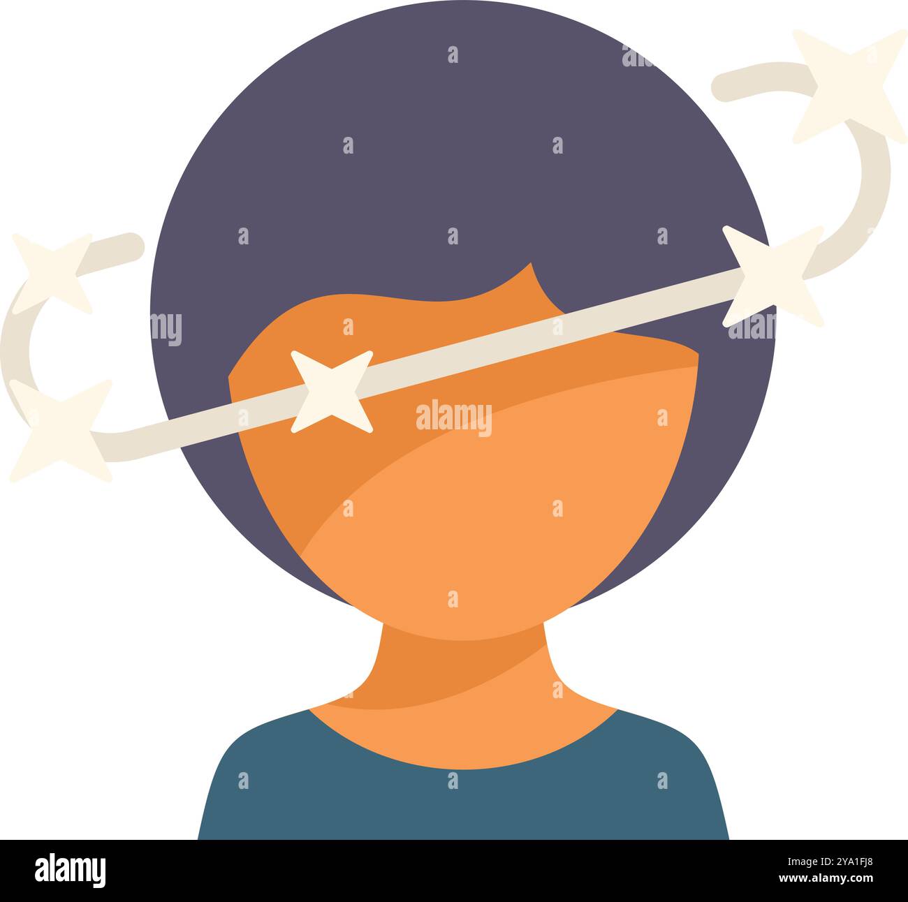 Minimalist illustration of a young woman with stars spinning around her head, depicting ...
