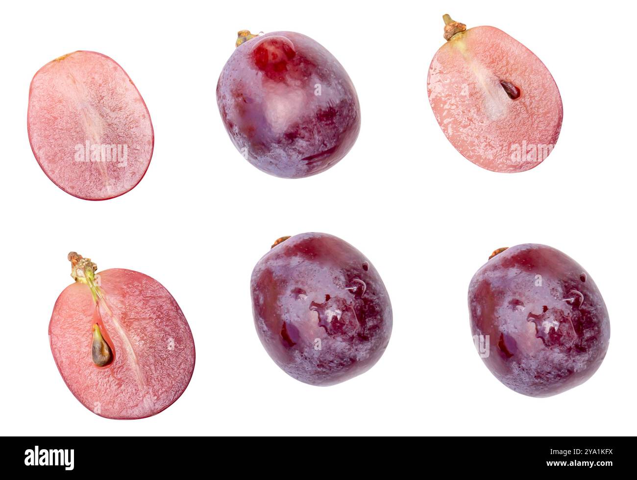 Top view set of fresh red grape or purple grape fruits with halves is ...