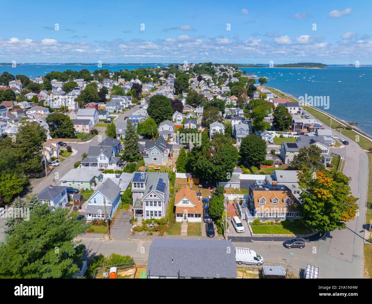 Historic residential houses aerial view in Houghs Neck in city of ...