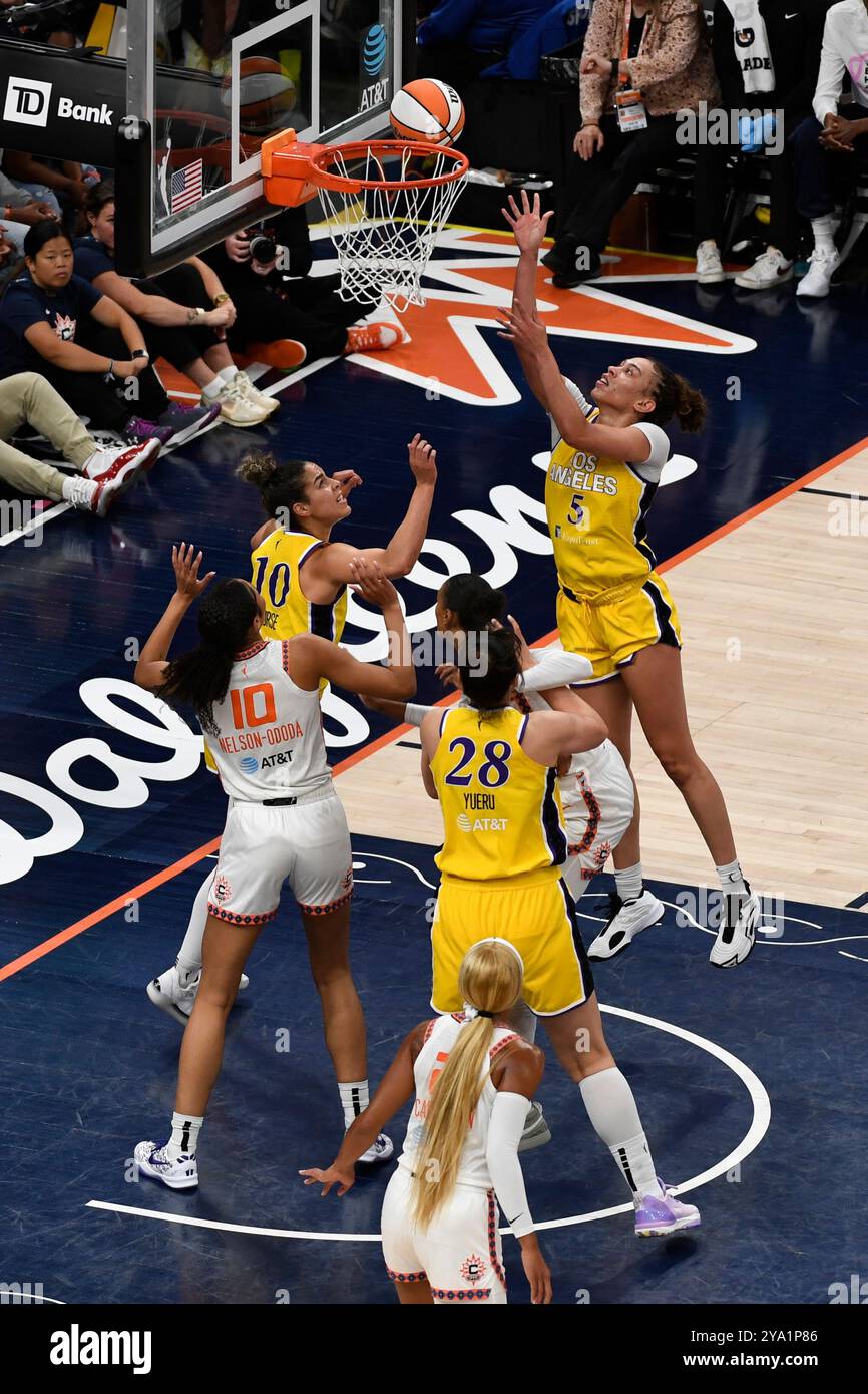 August 20, 2024: Los Angeles Sparks forward Dearica Hamby (5) shoots a ...