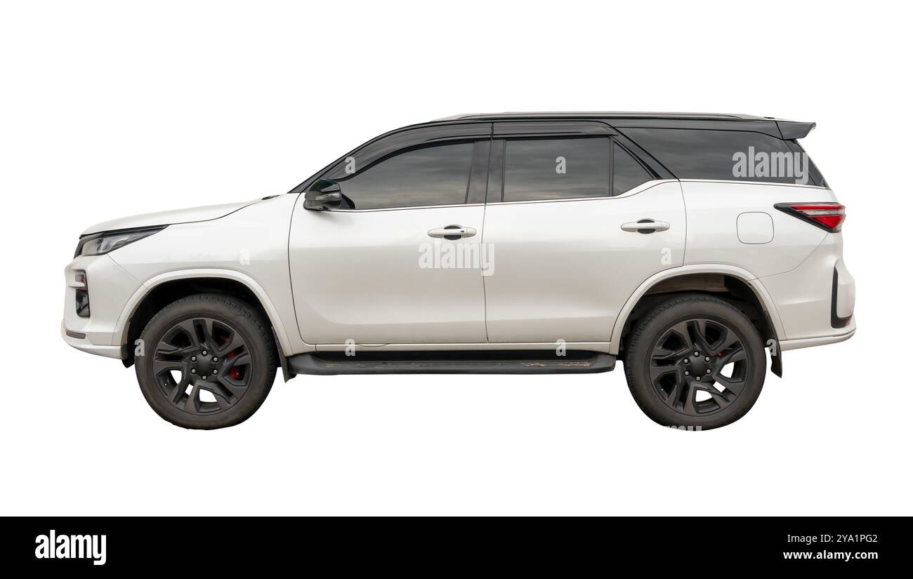 Side view of white SUV sports car is isolated on white background with ...
