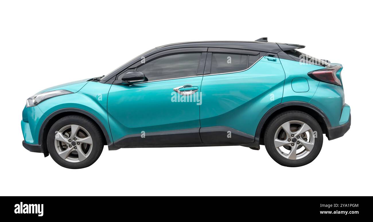 Side view of light blue hatchback car is isolated on white background ...