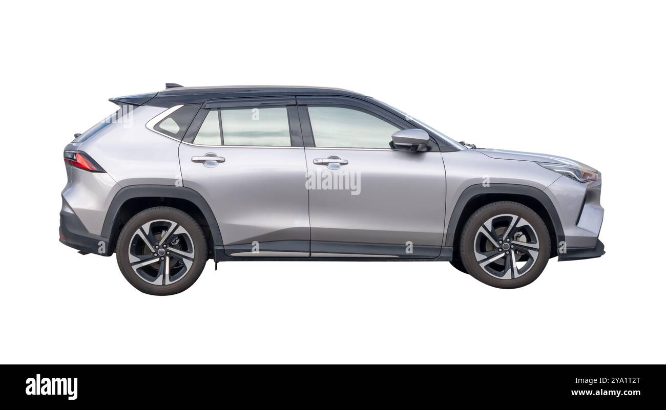 Side view of small gray SUV sports car is isolated on white background ...