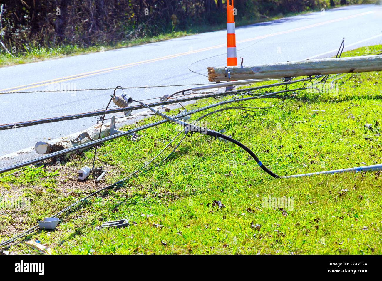 Strong tornado winds have broken electric poles with wires during storm ...