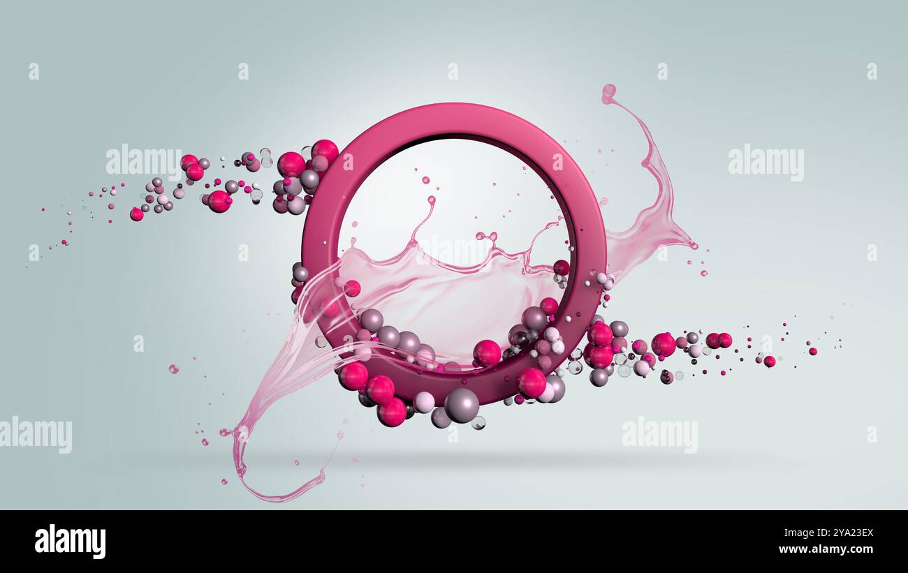 Abstract composition with red circular frame with pink liquid splash ...