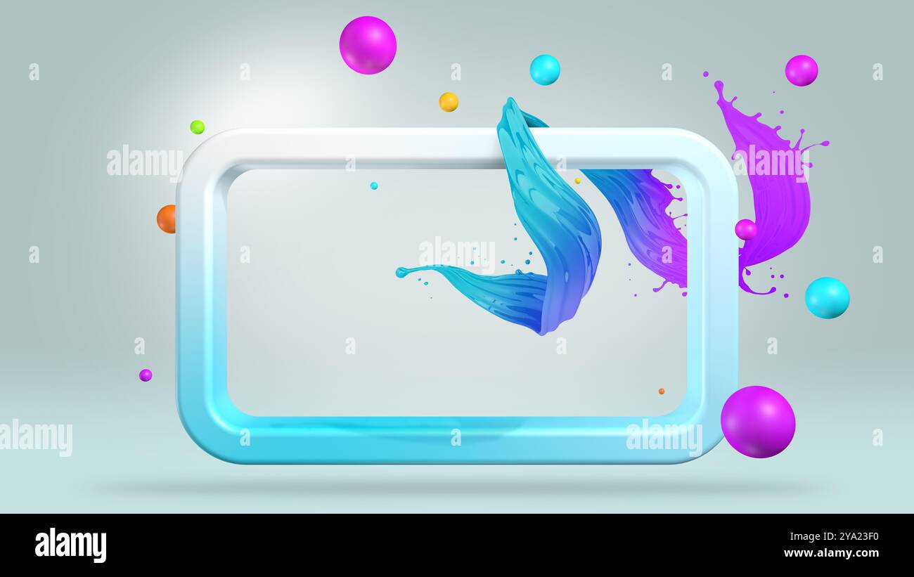 Abstract composition with a rectangular light blue frame with a splash ...