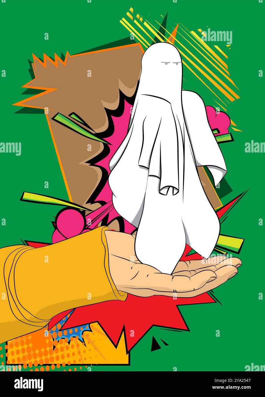 Cartoon, comic book human hands holding Ghost. Retro Halloween vector ...