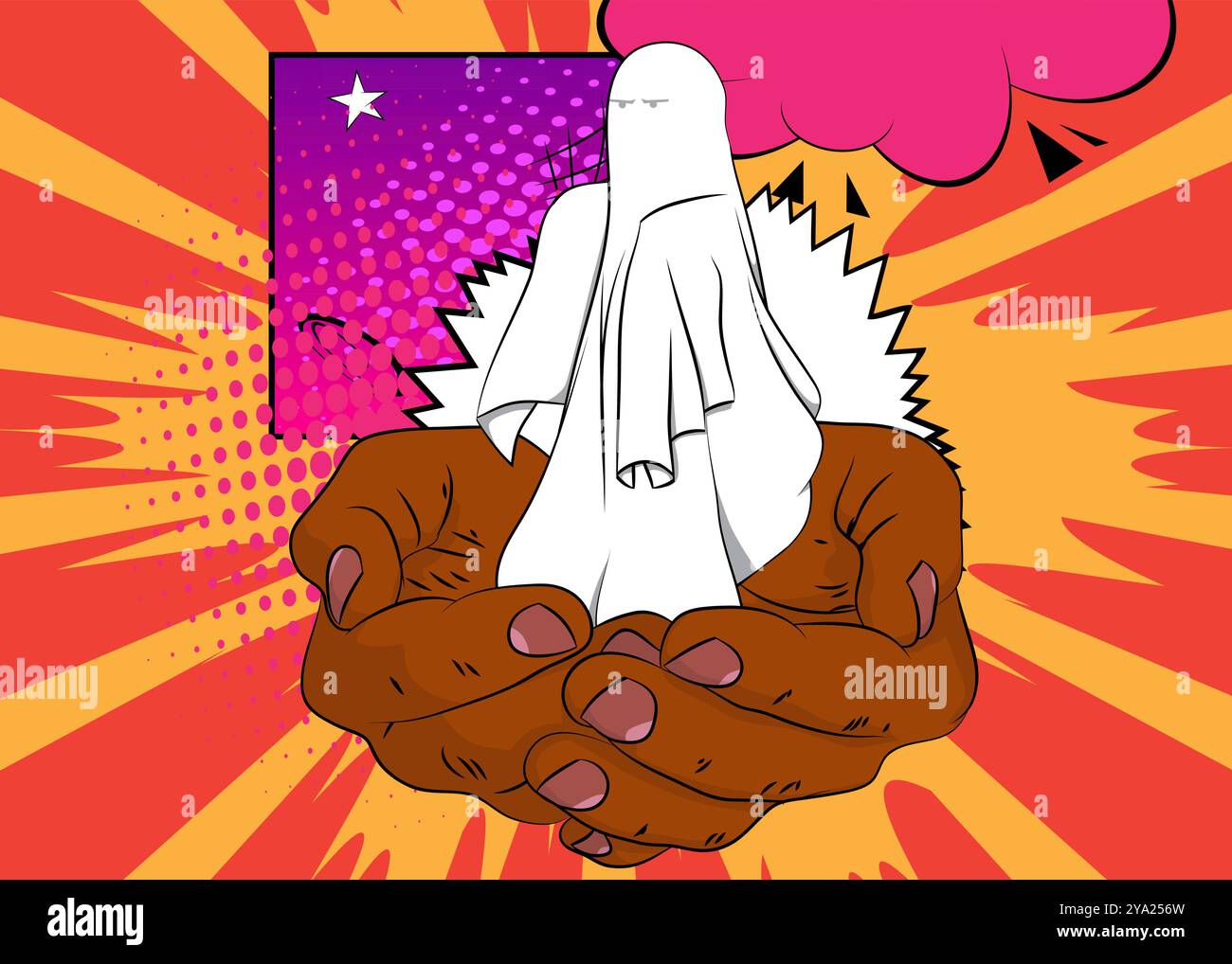 Cartoon, comic book human hands holding Ghost. Retro Halloween vector ...