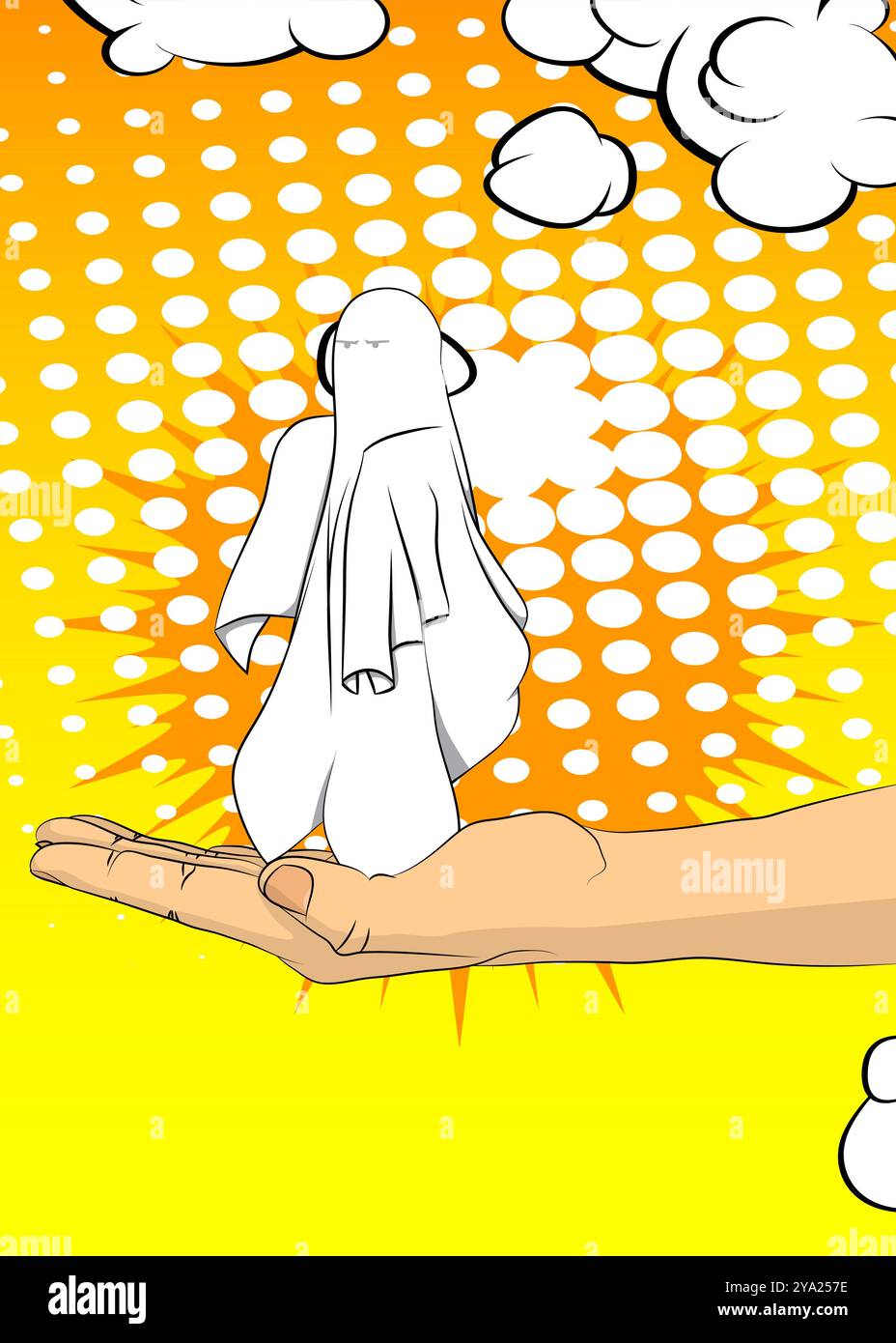 Cartoon, comic book human hands holding Ghost. Retro Halloween vector ...