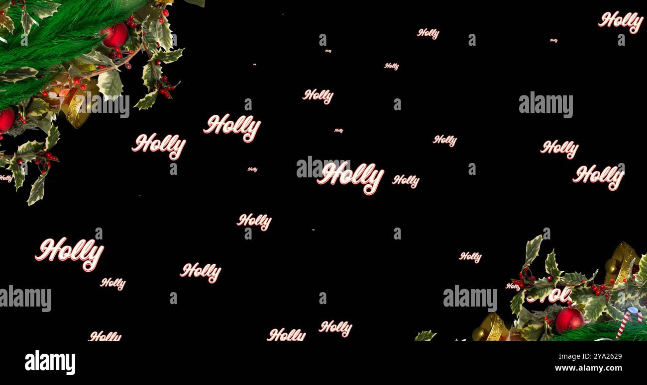 Image of holly text in repetition over christmas wreath on black ...