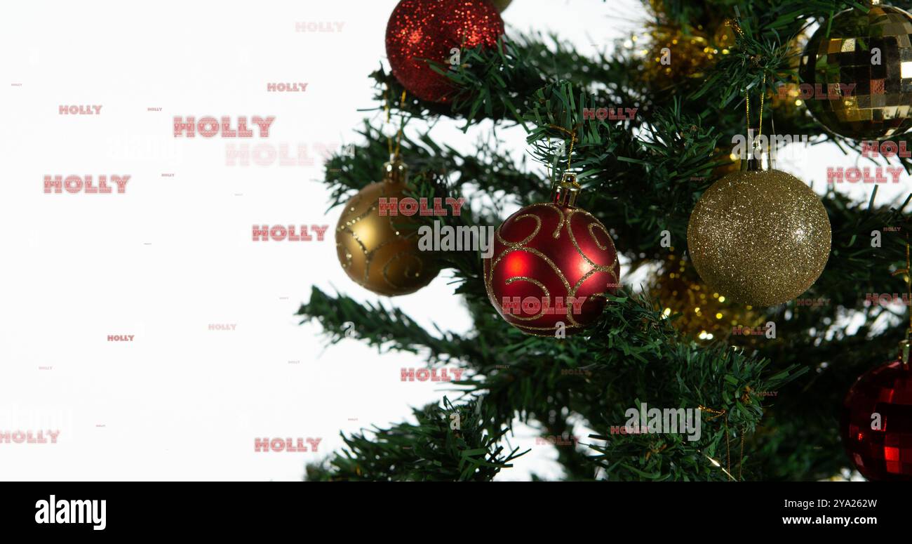 Image of holly text in repetition over christmas tree on white ...