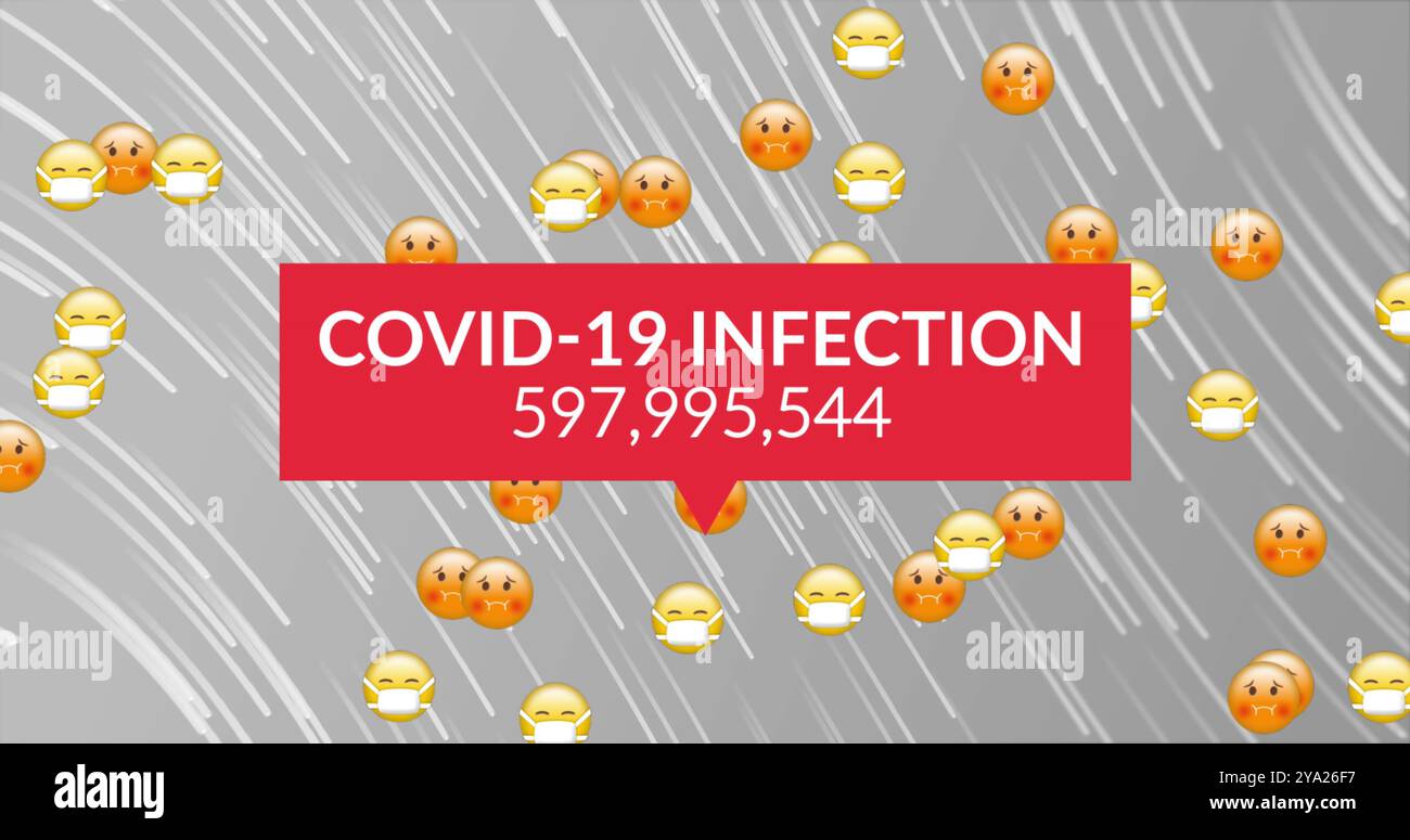 Image of covid-19 infection text with increasing numbers over emojis ...