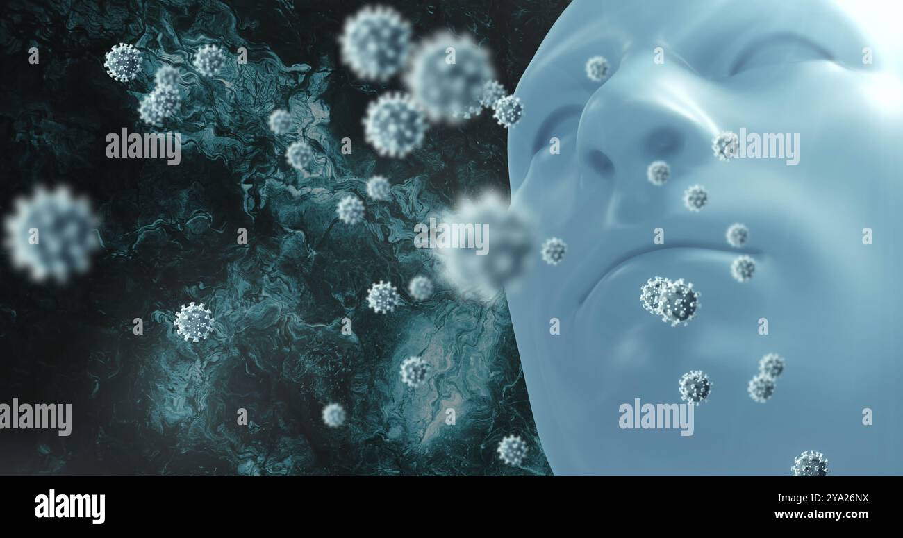 Image of virus cells and dna over human face model and black background ...