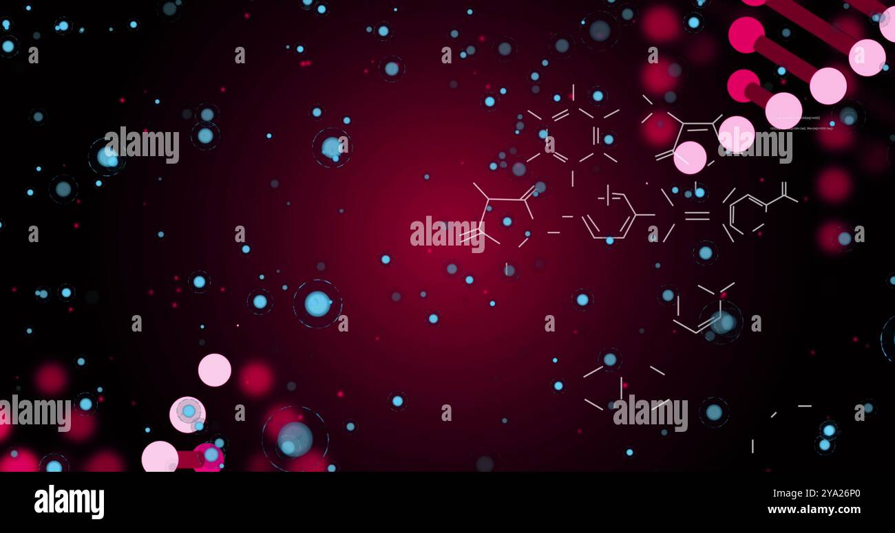 Image of pink 3d dna rotating with molecules and blue particles on ...