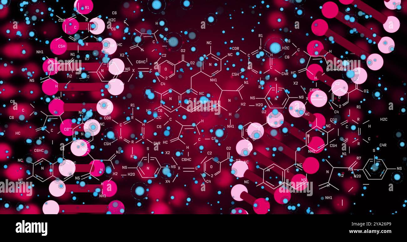 Image of pink 3d dna rotating with molecules and blue particles on ...