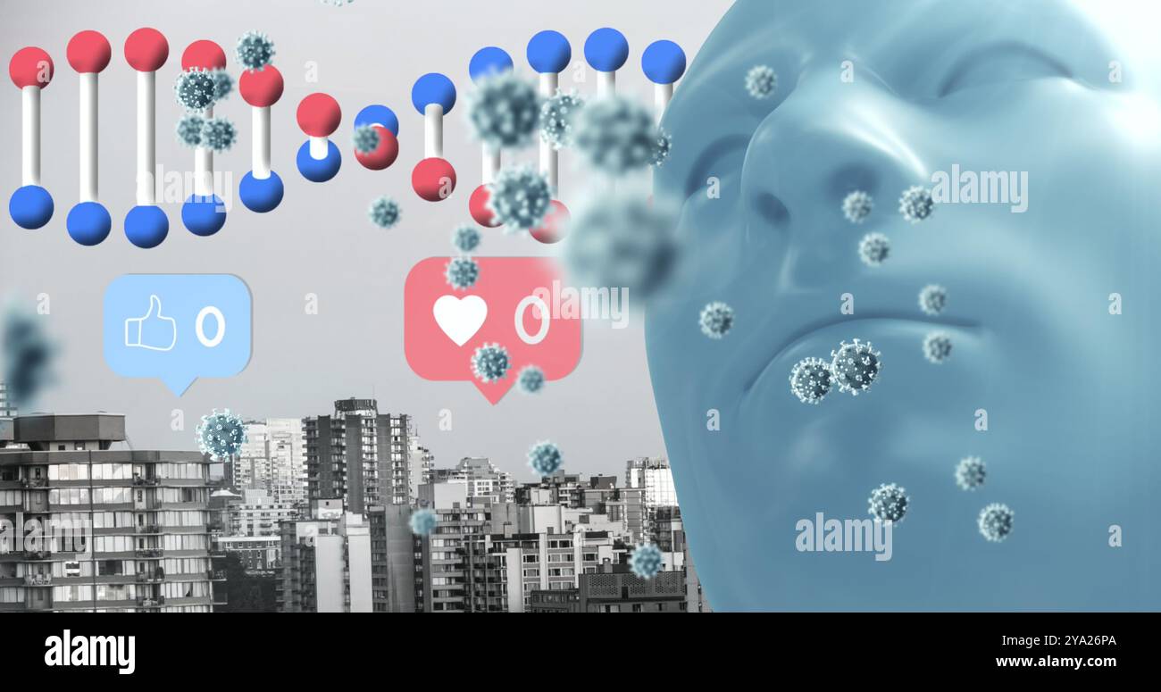 Image of virus cells and dna over human face model, social media ...