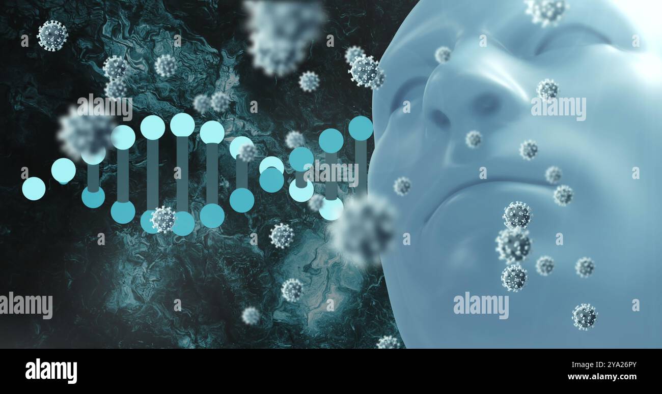 Image of virus cells and dna over human face model and black background ...