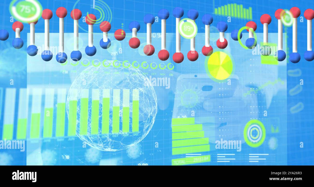 Image of 3d dna, virus with graphs, infographic data processing on ...