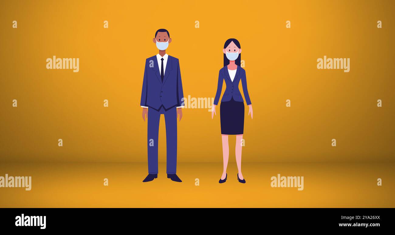 Image of pictogram of man and woman wearing masks with white arrow and green tick. Social ...