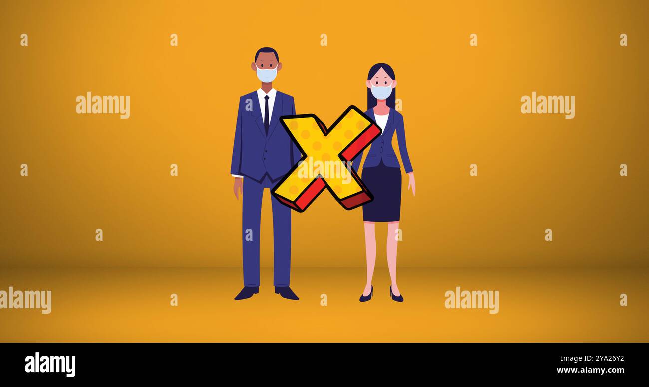 Image of pictogram of man and woman wearing masks with white arrow and ...