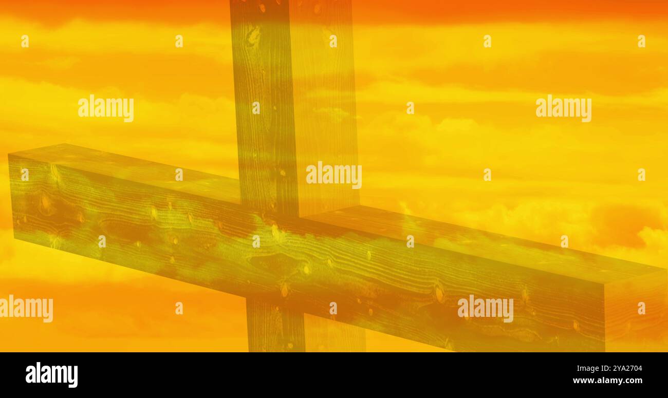 Image of silhouette of Christian cross over yellow clouds moving in ...