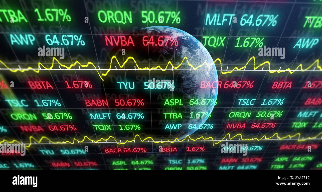 Image of stock market display with globe, red, blue and green stock ...