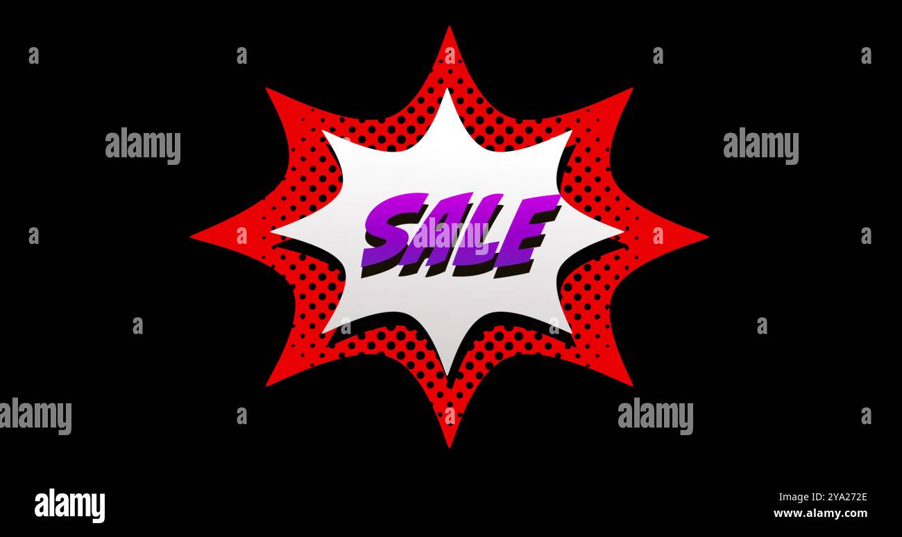 Image of Sale text in cartoon style explosion against black background ...