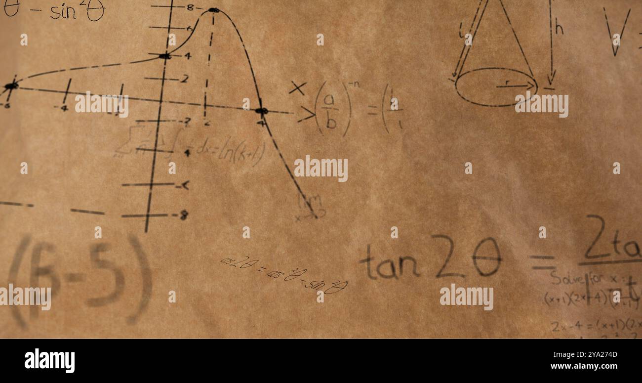 Digital image of mathematical equations and figures moving in the ...