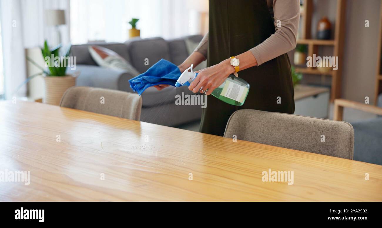 Hands, cleaning with person with bottle in home for housekeeping ...