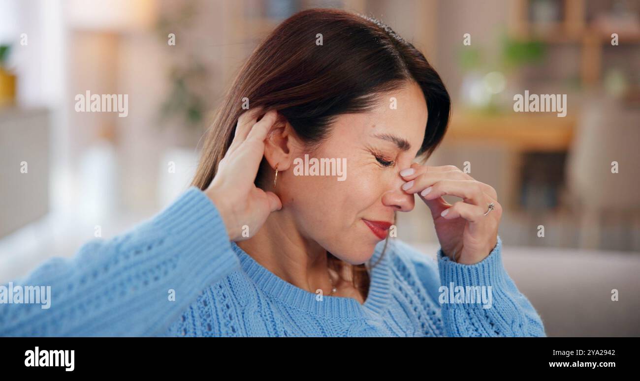 Woman, headache and stress on sofa in house with brain fog, dizzy and ...