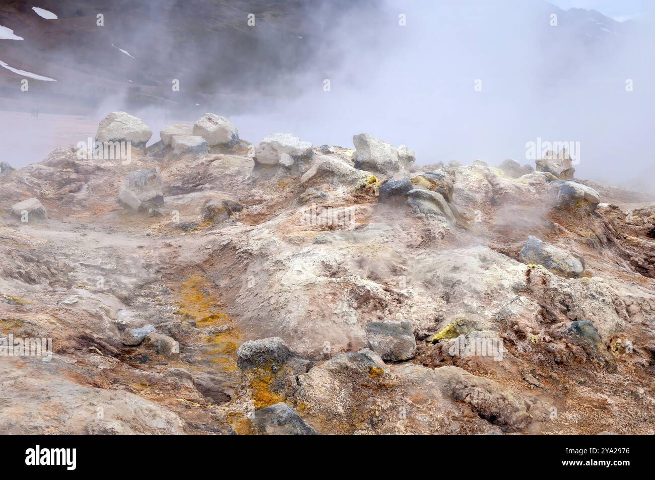 Myvatn Iceland, view across colourful landscape with steam vents at ...