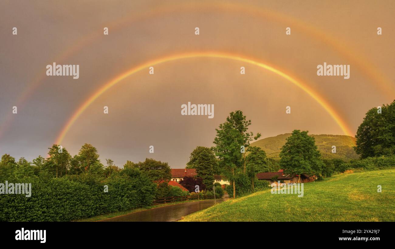 A double rainbow spans a green landscape with trees and houses at dusk ...