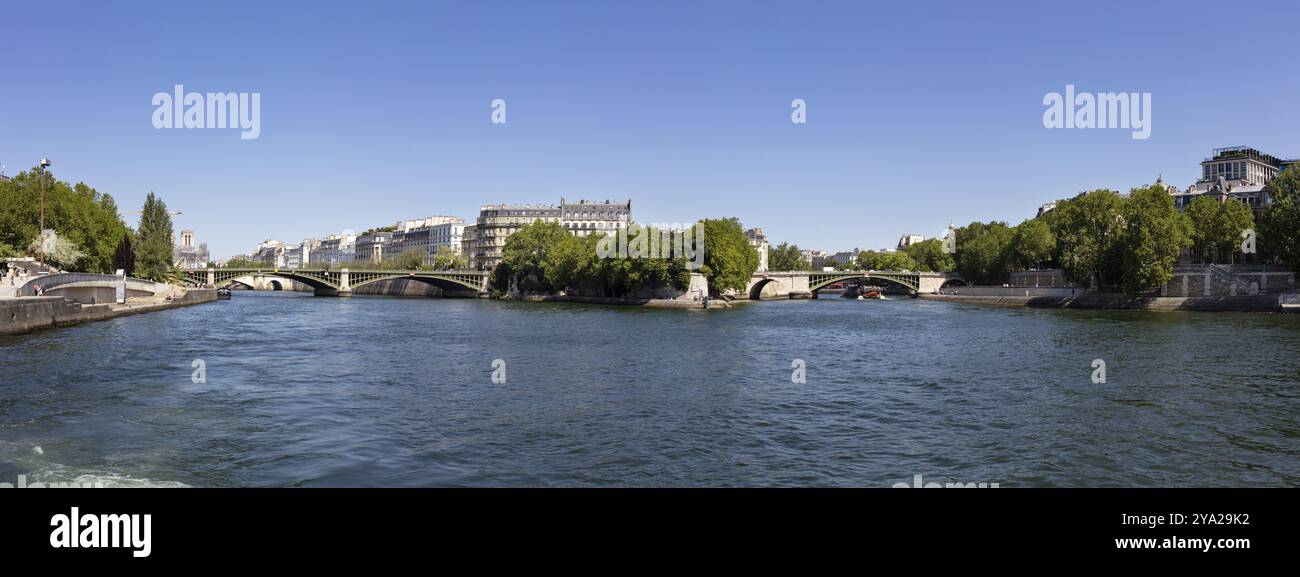 Panoramic view of Seine and bridges with buildings and trees under a ...
