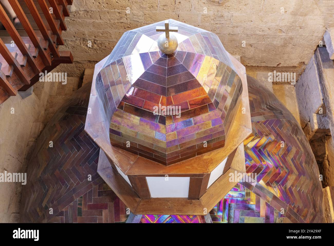 Colourful church dome with stained glass and a cross, geometric ...