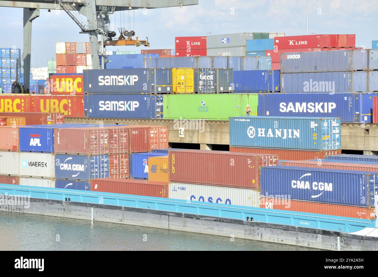 Container ship being loaded, inland harbour in Duisburg, North Rhine ...