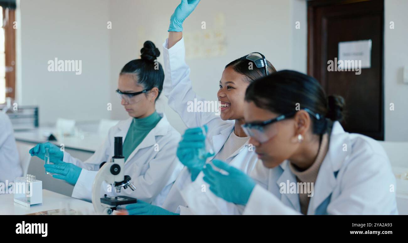 Science, students and question in class for learning, PPE and lecture ...