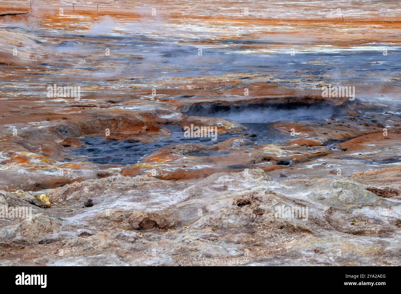 Myvatn Iceland, view across colourful landscape with mud pools and ...